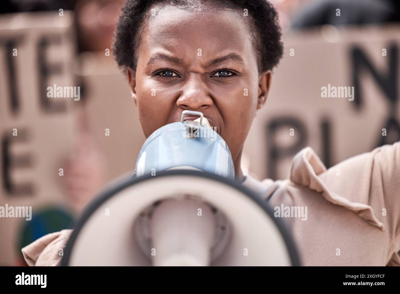 Angry black woman, megaphone and protest with crowd for human rights ...