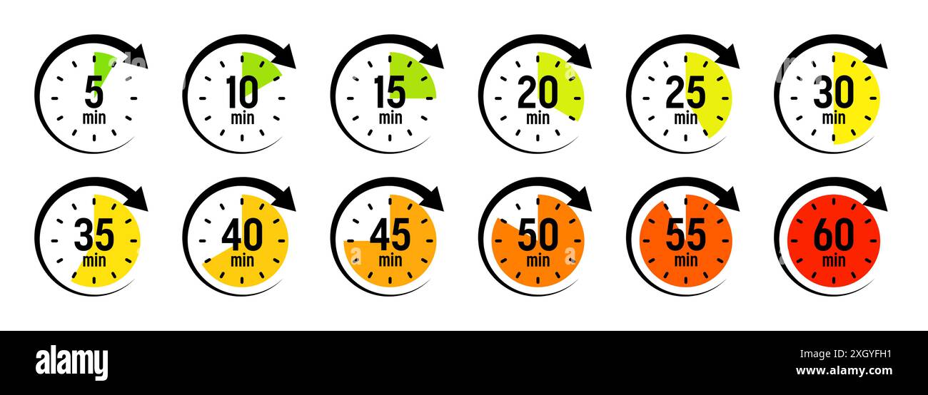 Stopwatch icons with pointer arrow. Colorful chronometer, time counter ...