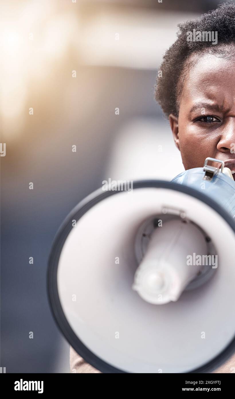 Woman, bullhorn and portrait in street for protest with demand ...