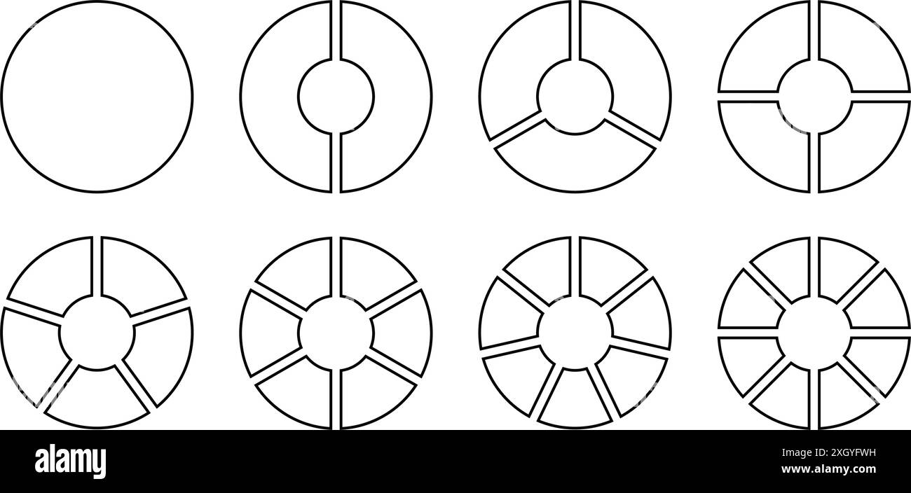 Circle division infographic icon set. Pie chart divided 6,7,8 equal ...