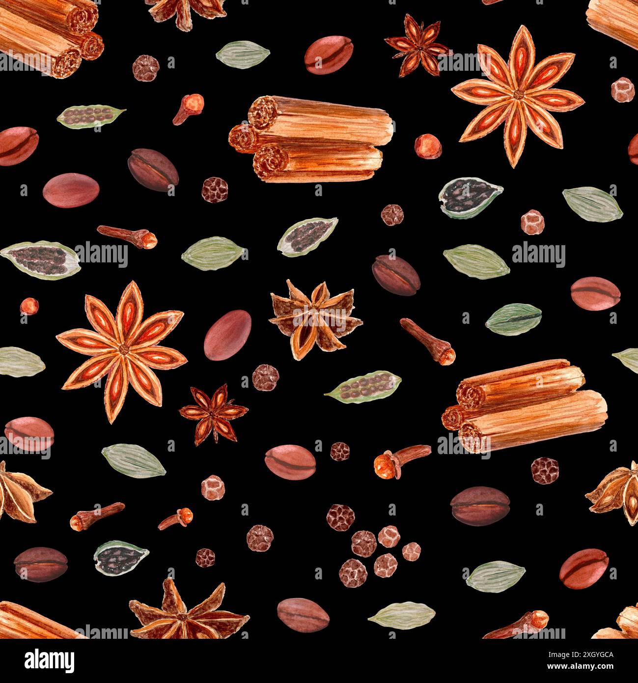 Star anise, cinnamon, cardamom, clove, black pepper, coffee watercolor seamless pattern on black ...