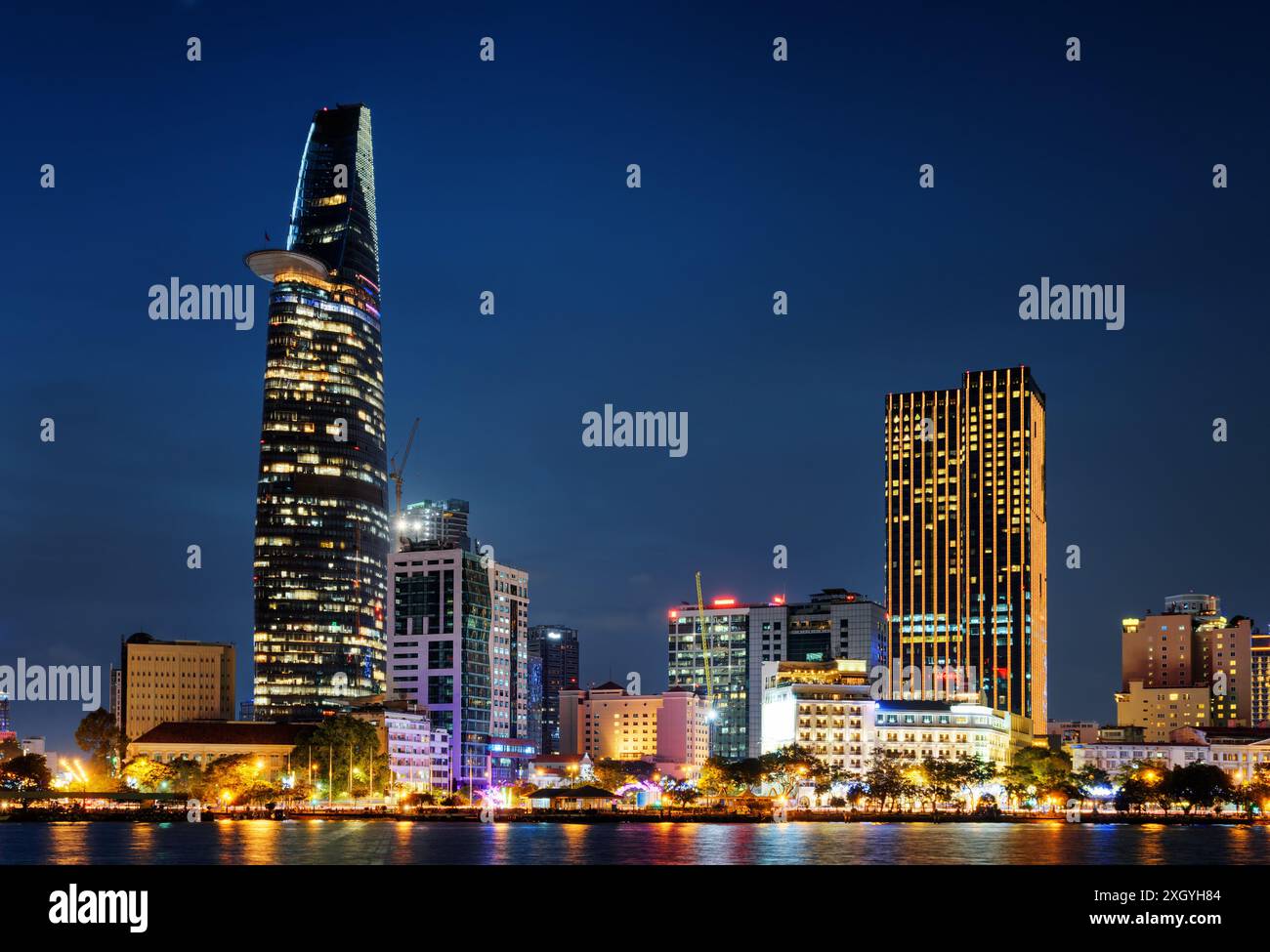 Ho Chi Minh City skyline and the Saigon River. Beautiful night view of ...