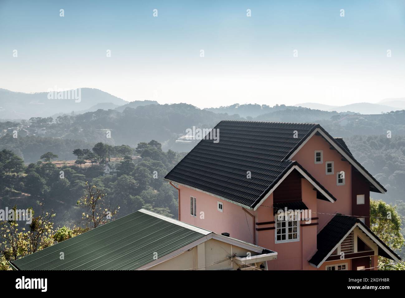 Scenic house among pine woods and mountains at Dalat (Da Lat) in ...