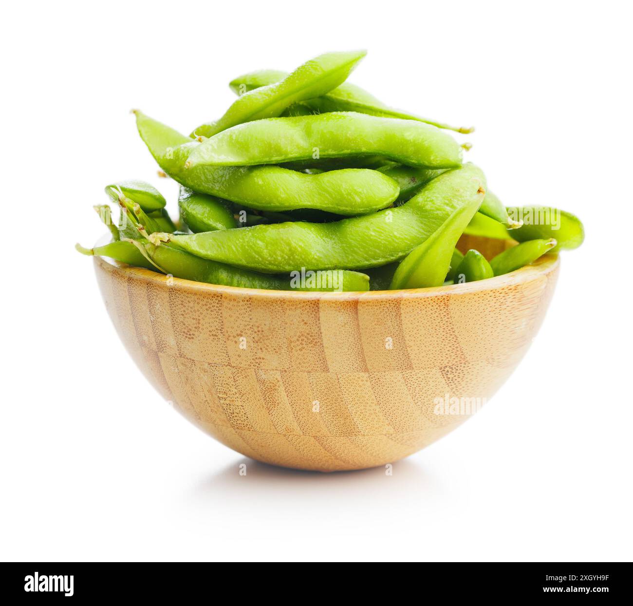 Green edamame pods. Fresh soybeans in bowl isolated on a white ...