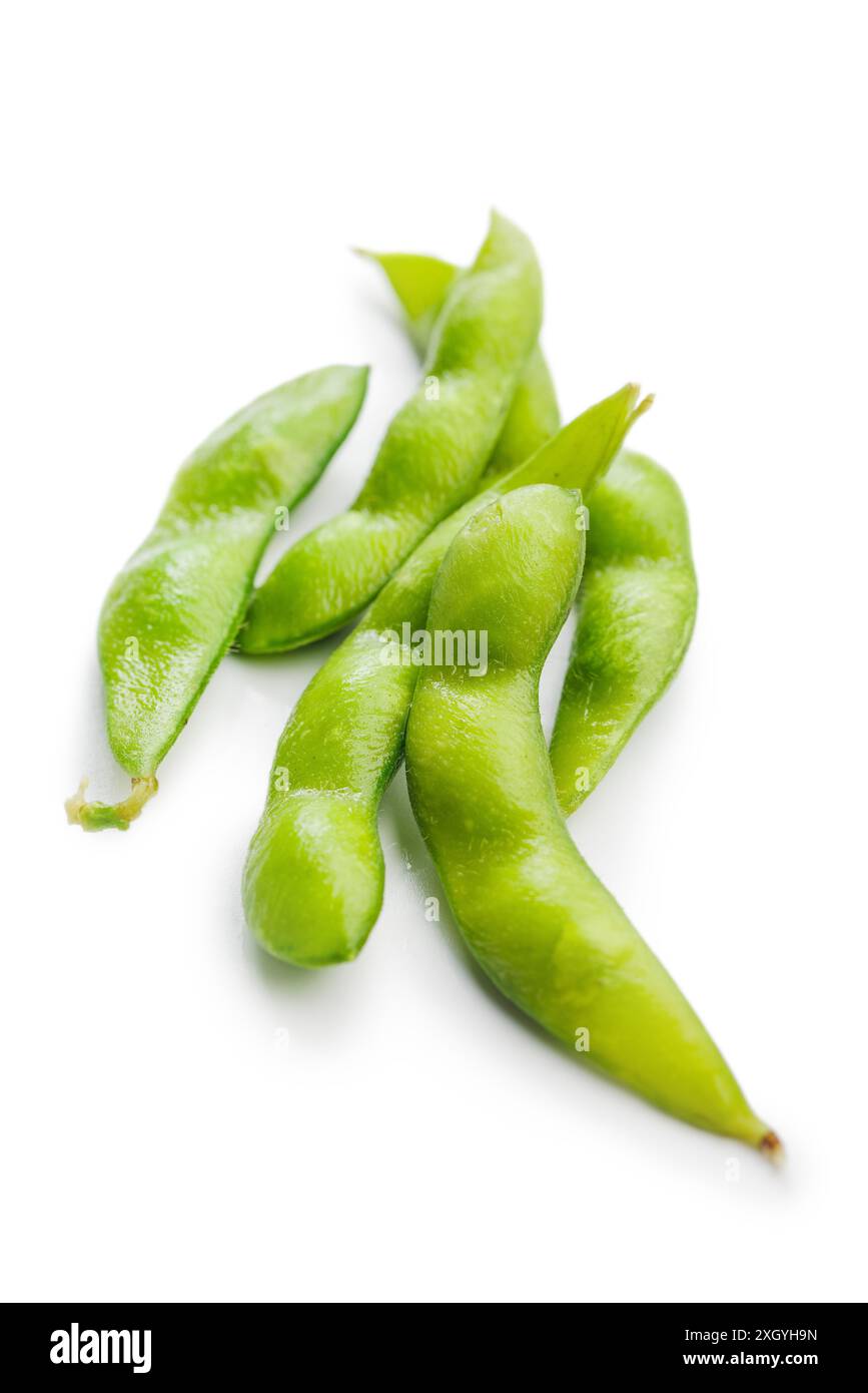 Green edamame pods. Fresh soybeans isolated on a white background Stock ...