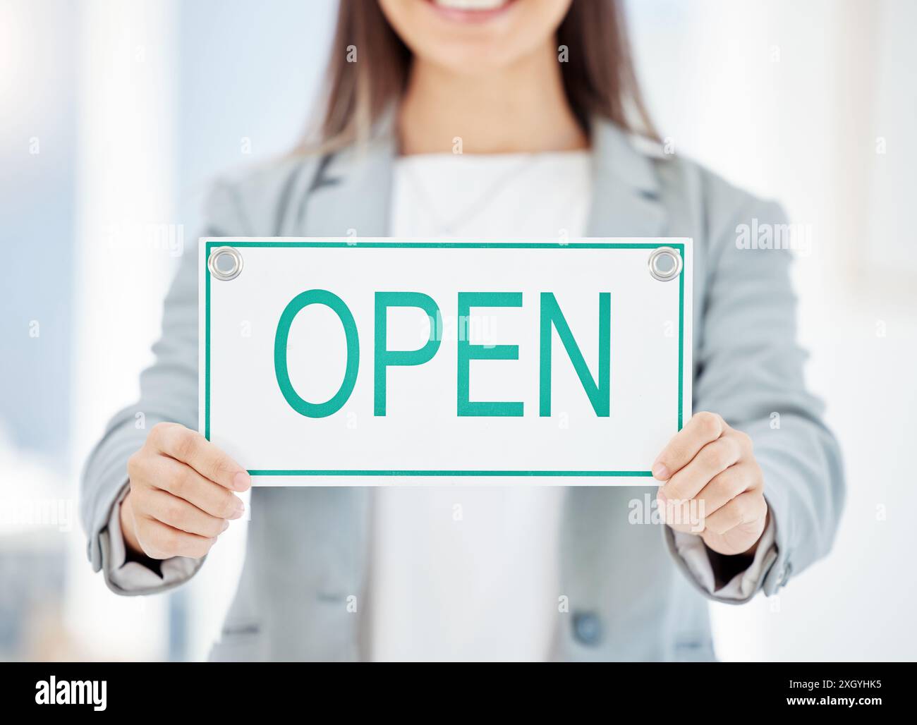 Business, woman and hand with open sign for startup job announcement ...