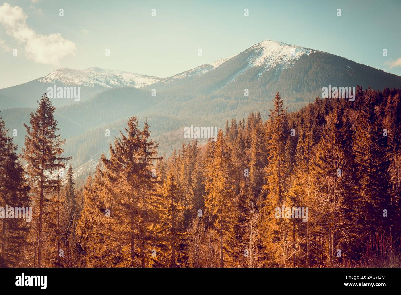 Beautiful autumn scenery. Scenic mountain landscape with snowy peaks ...