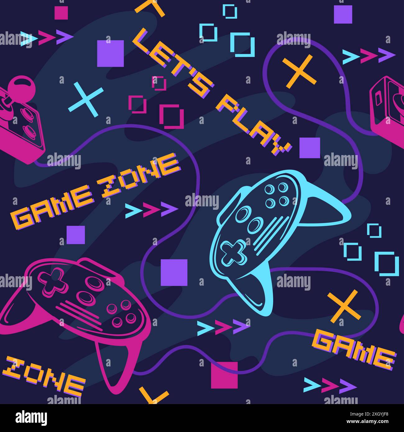 Gamepad pattern. Game joystick seamless wallpaper, retro gaming slogan typography fabric print ...