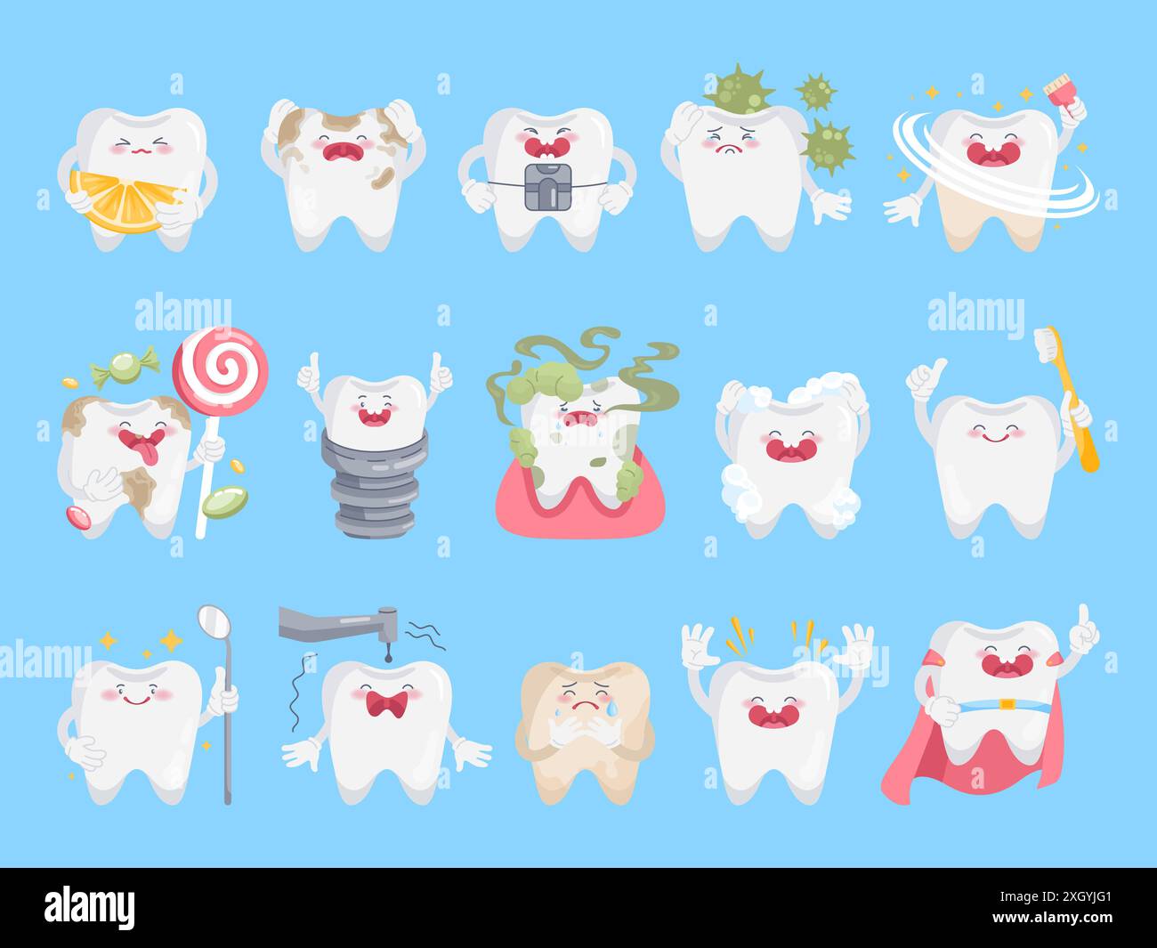 Cartoon teeth characters. Cute tooth mascot face emoji, child ...