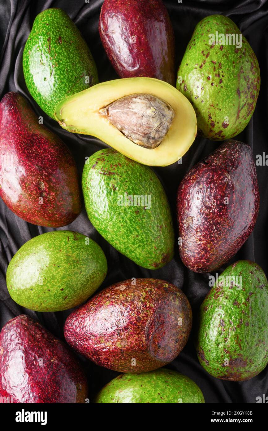 Colorful fresh ripe avocado varieties on dark background. Green and red ...