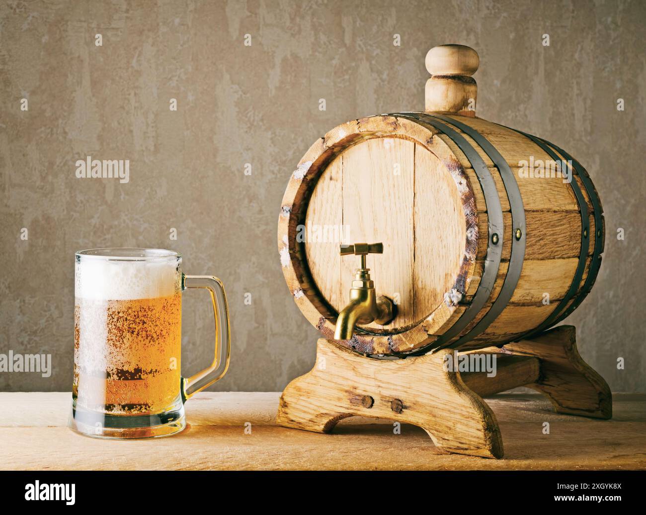 Beer Keg Table Wooden Beer Keg And Mug Of Fresh Draft Beer On Table.