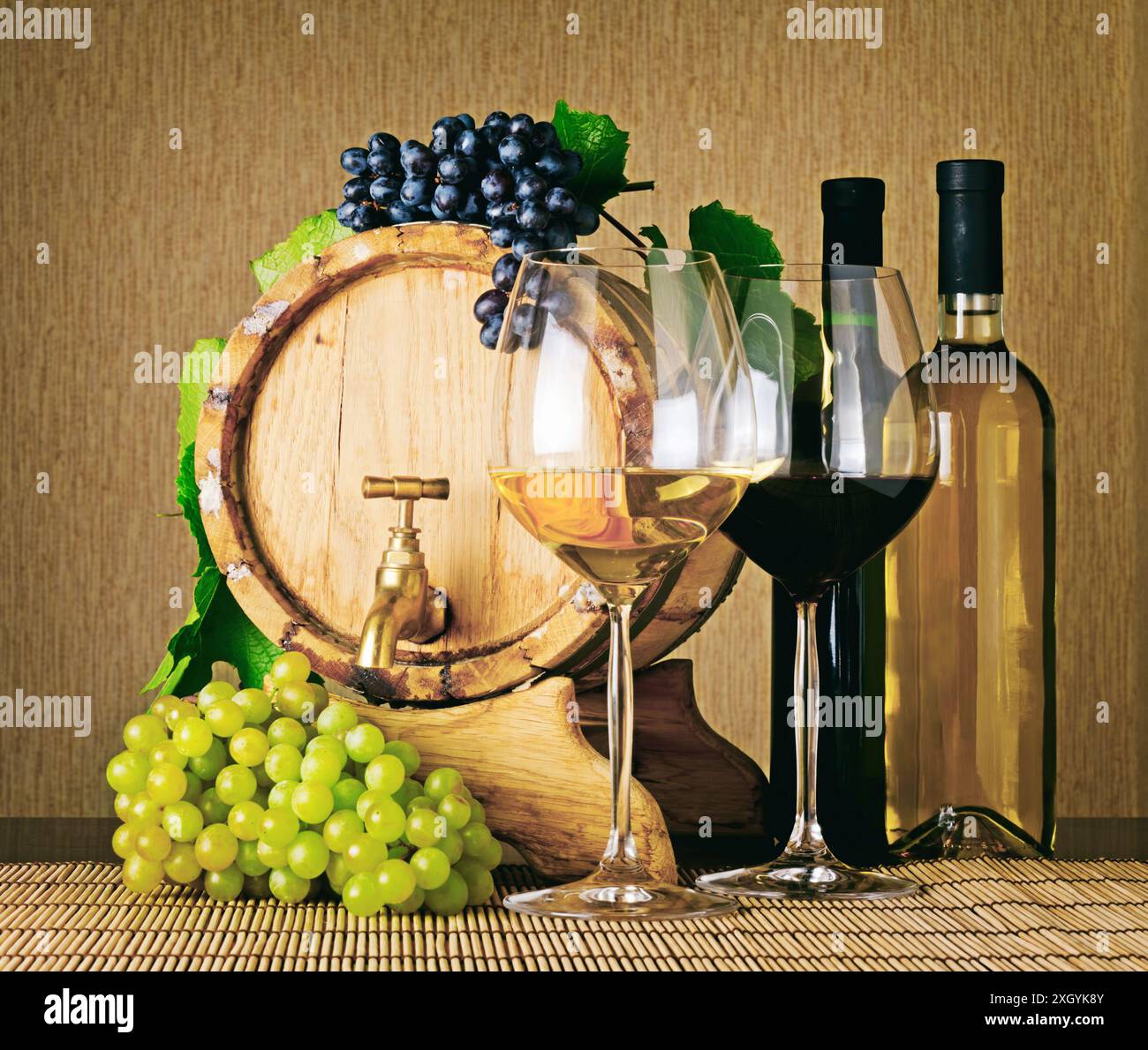Set of red and white wine. Wine bottles, glasses of wine, wooden barrel ...