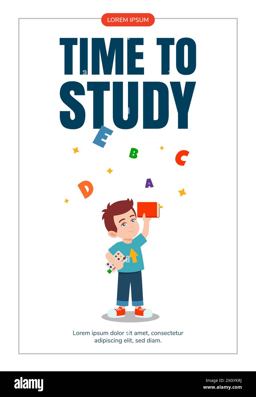 Happy Little boy with book Surrounded with letters. Education ...