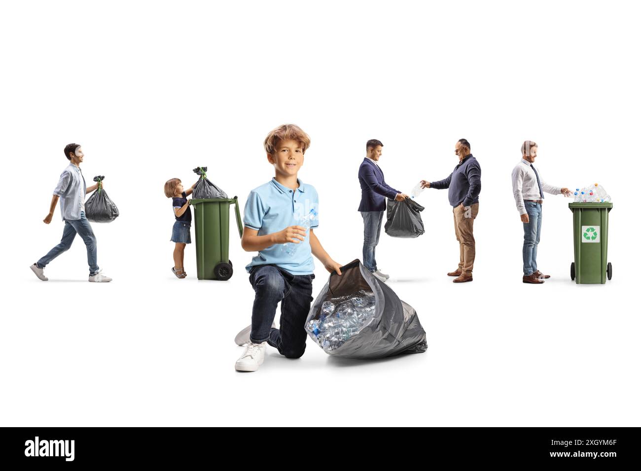 Children and adults collecting plastic bottles and recycling materials ...