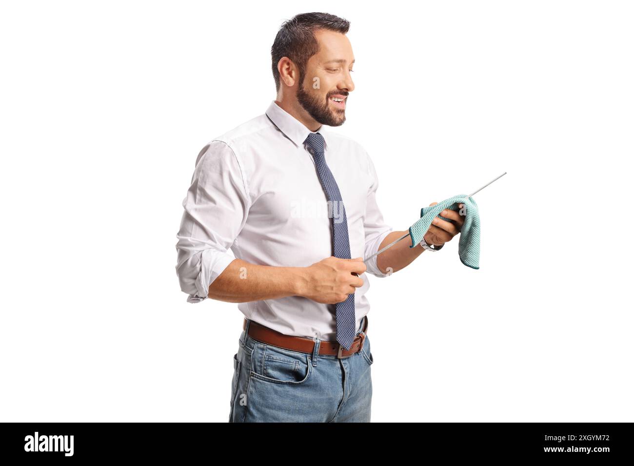 Man wiping a dipstick for car engine oil check isolated on white ...