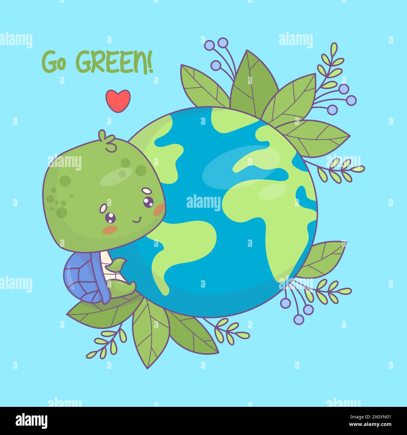 Ecology card. Go green. Cute cartoon turtle character with planet Earth ...