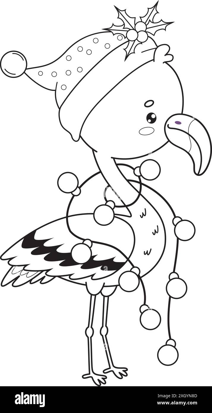 Christmas flamingo character in Santa hat with festive garland. Outline ...