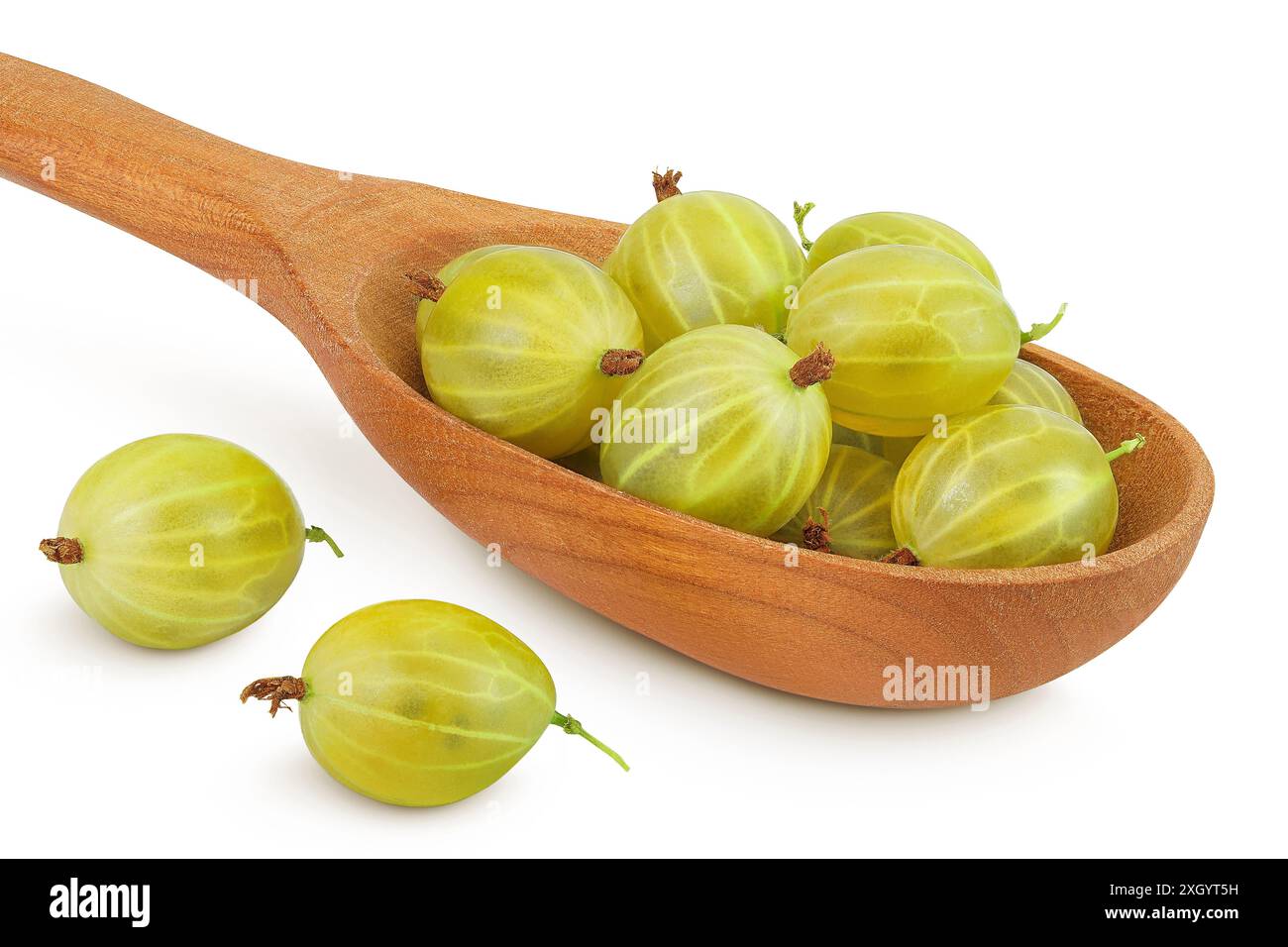 Green gooseberry in wooden spoon isolated on white background with full ...