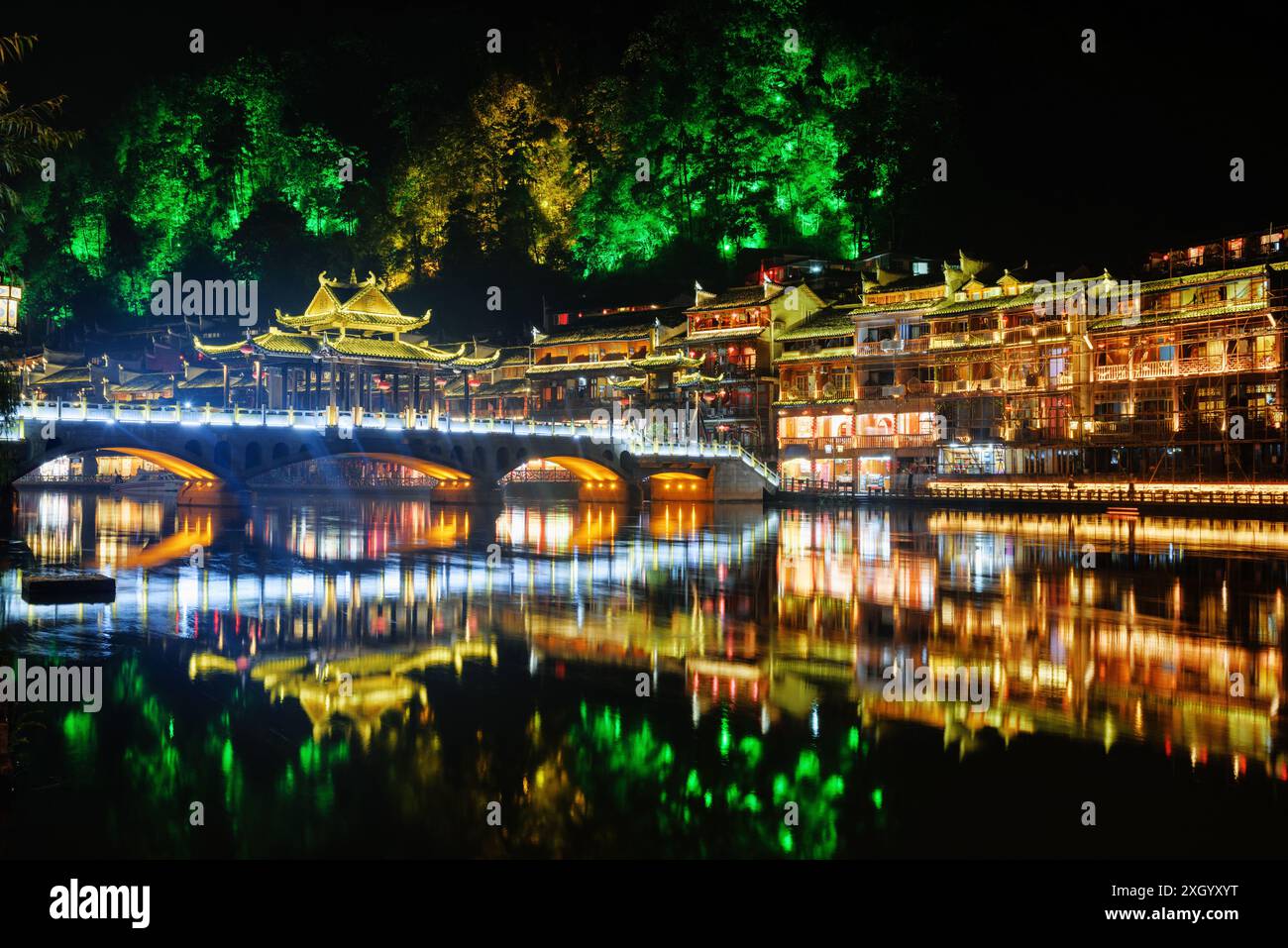 Beautiful night view of old authentic traditional Chinese wooden ...