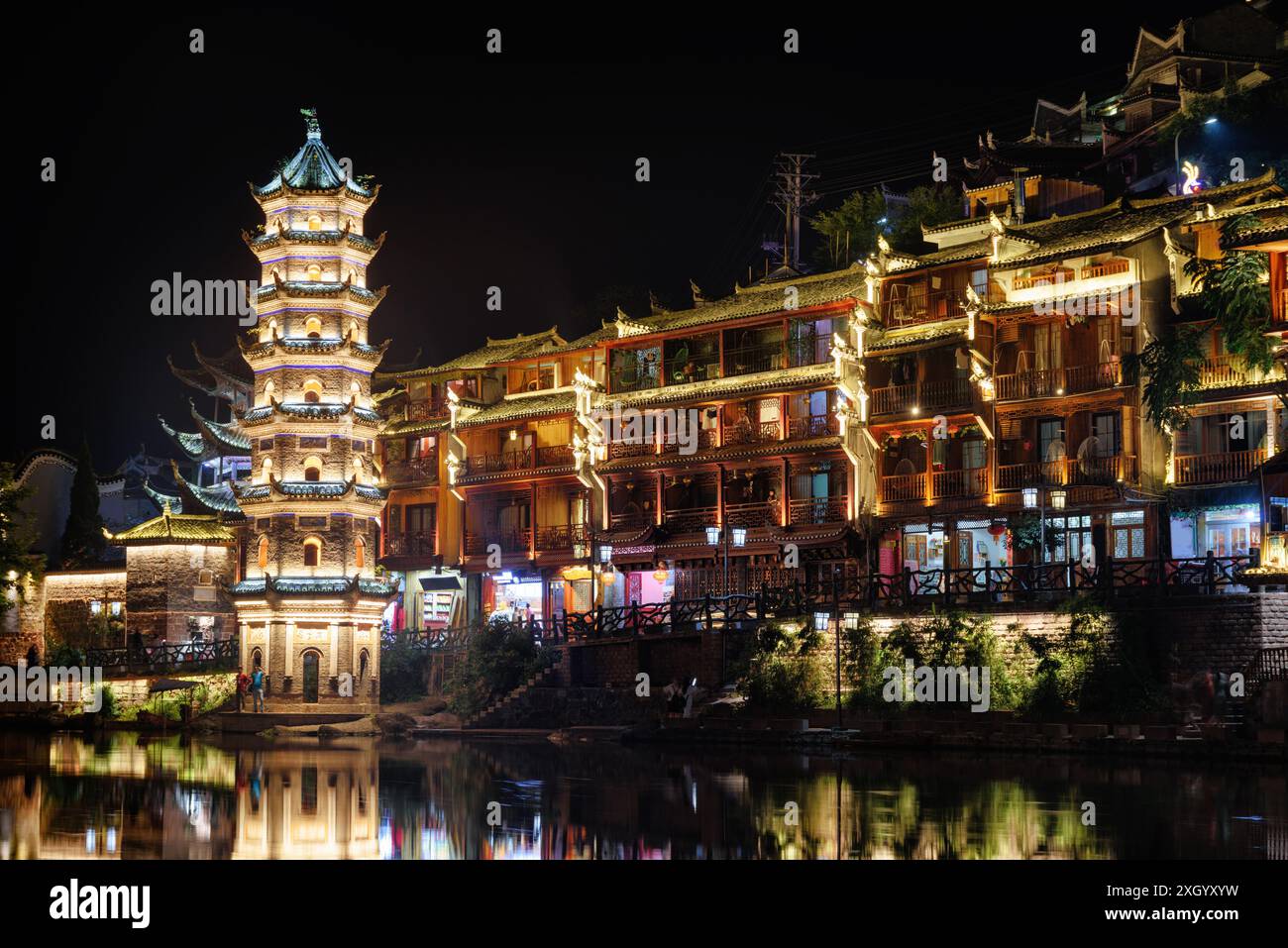 Beautiful night view of old authentic traditional Chinese wooden ...