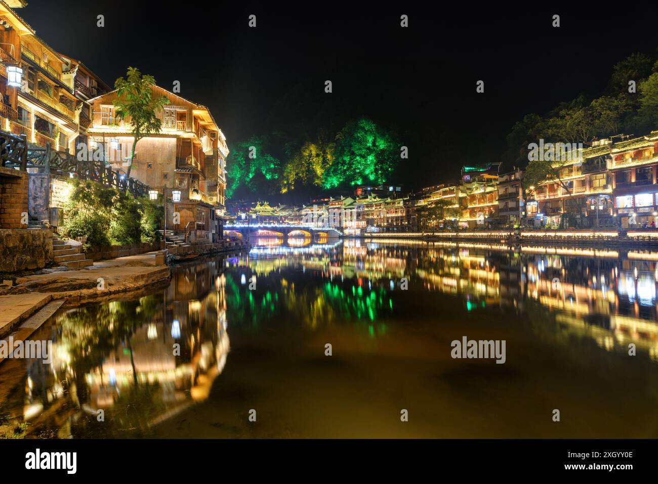 Beautiful night view of old authentic traditional Chinese wooden ...