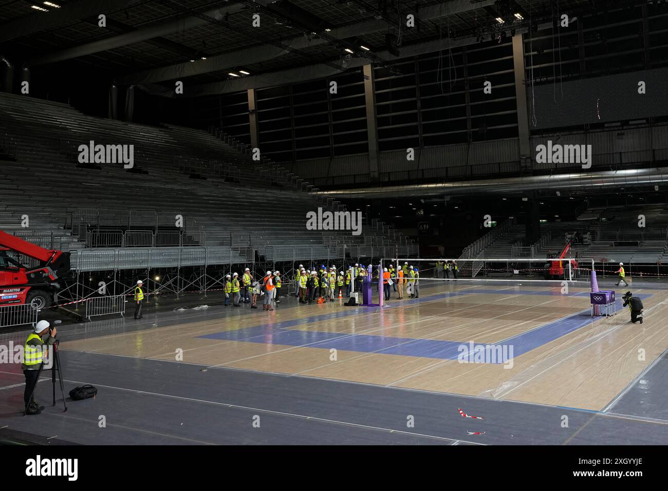 Journalists visit the Volleyball venue at the South Paris Arena ...