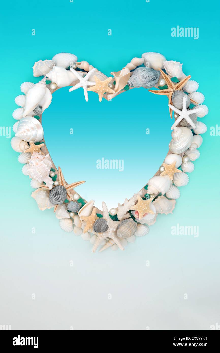 Heart shape sea shell and oyster pearl frame on gradient turquoise and ...