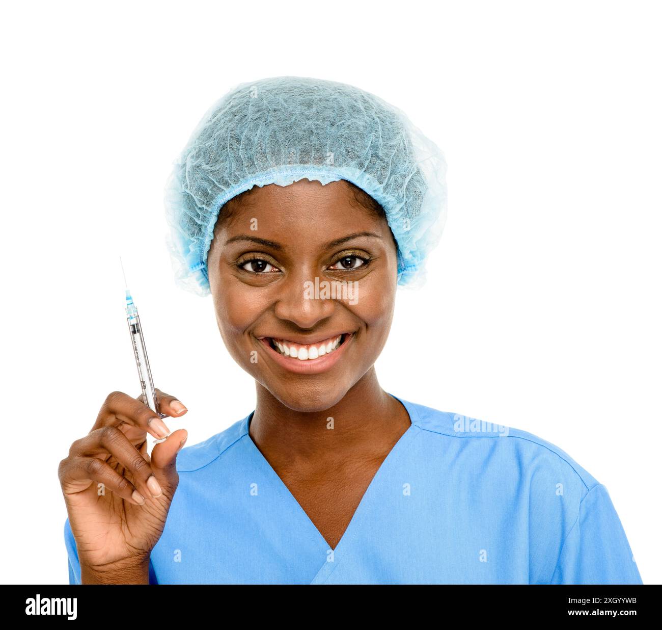 Woman, doctor and needle in studio portrait with chemical for ...
