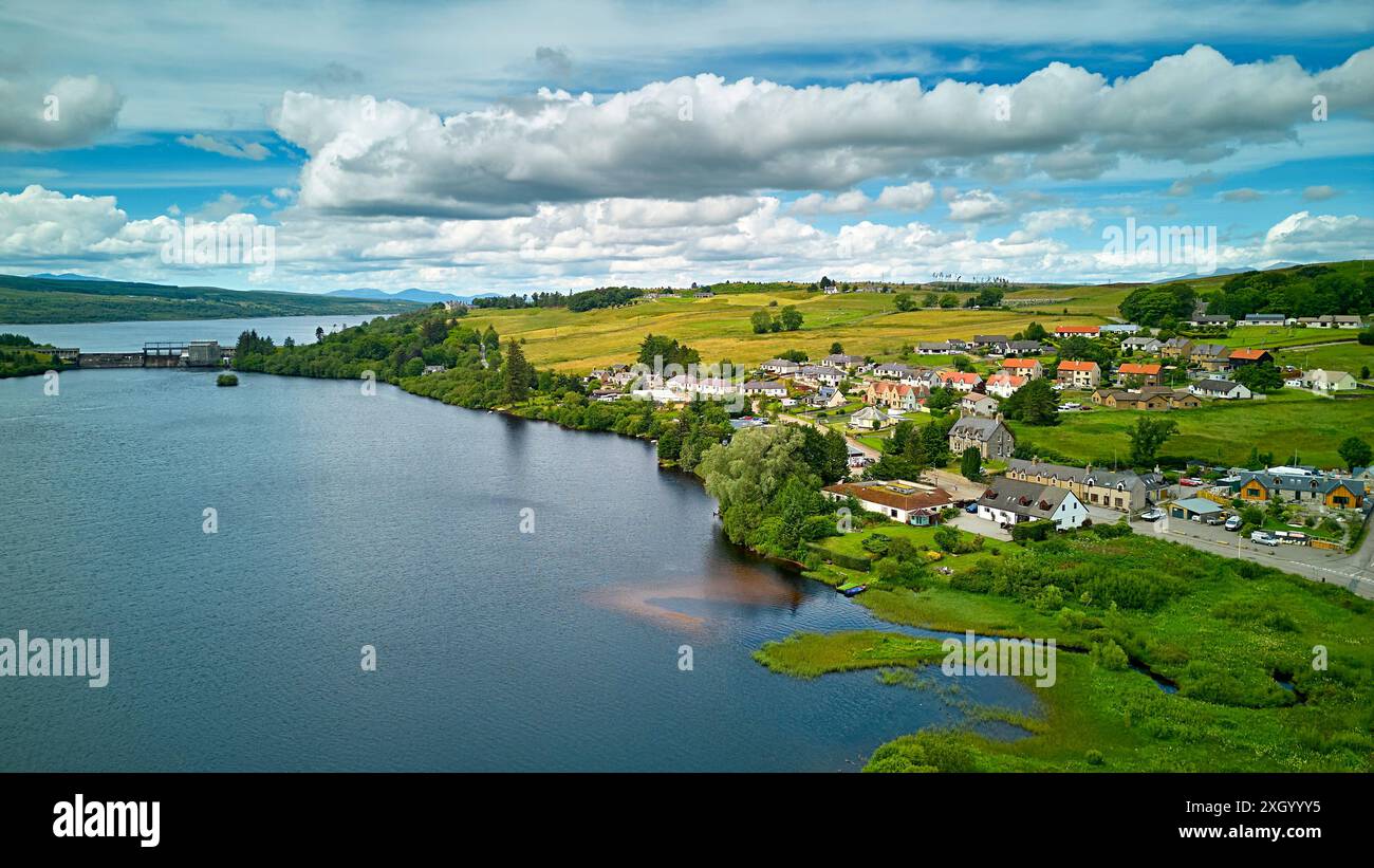 Lairg Sutherland Scotland the village houses Loch Shin and dam at Lairg ...