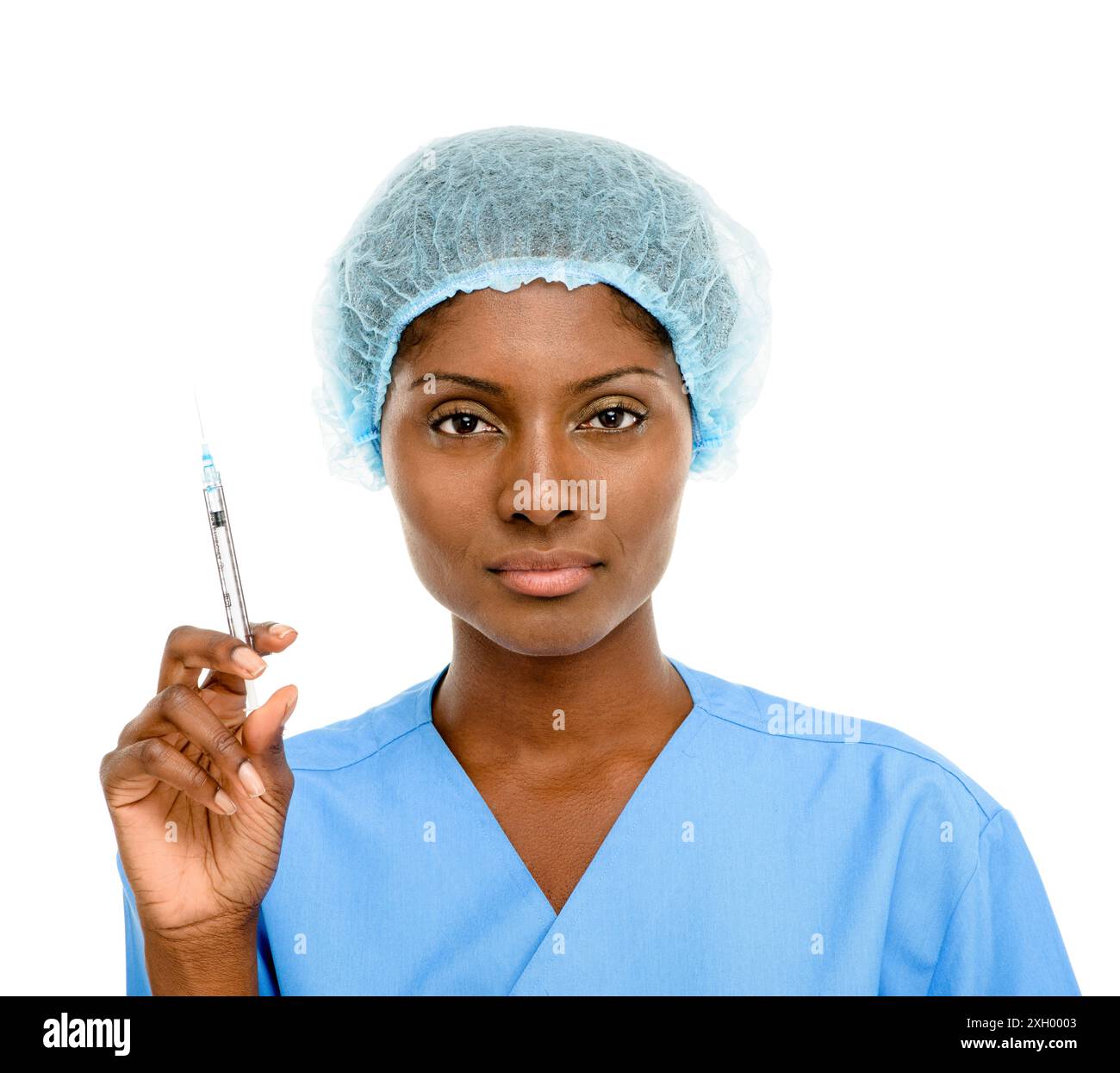 Woman, doctor and syringe in studio portrait with chemical for ...