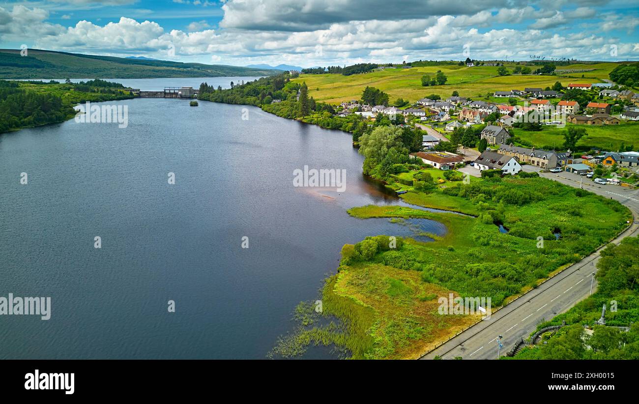 Lairg Sutherland Scotland village houses Loch Shin and dam at Lairg ...