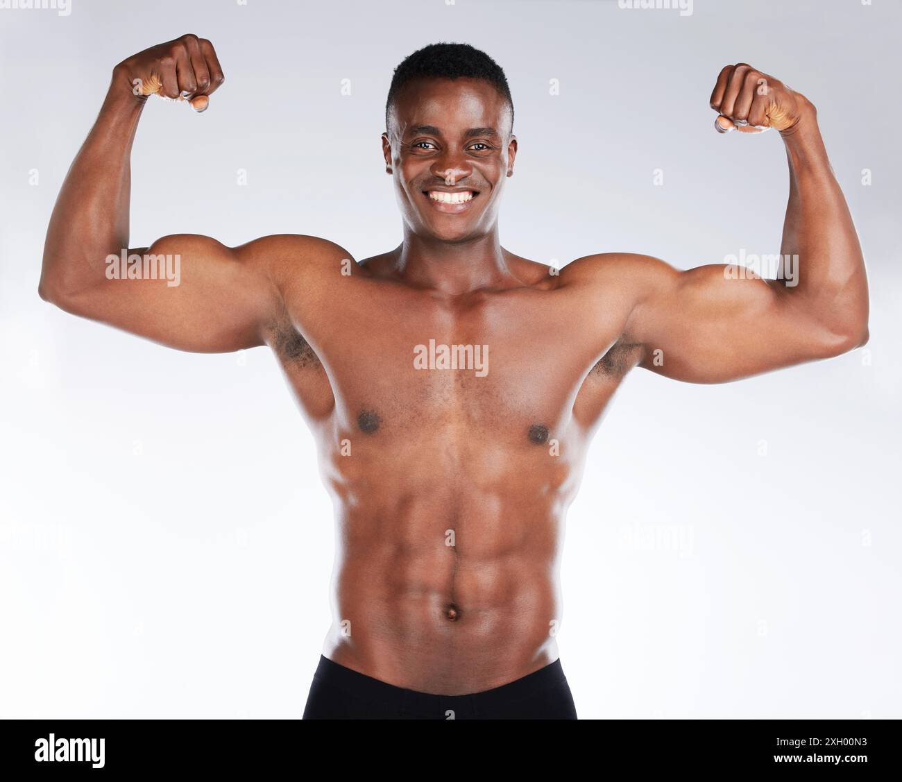 Studio, black man and flex in portrait for fitness, bicep and strong ...