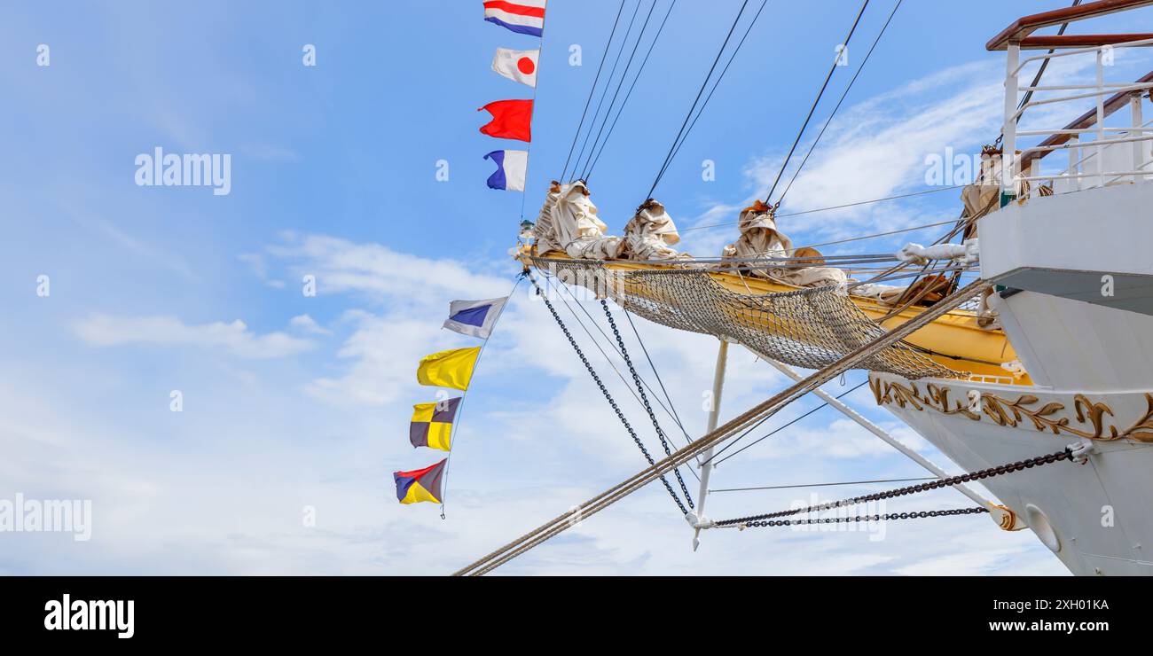 Bowsprit with hanging vibrant colorful nautical marine pattern signal ...