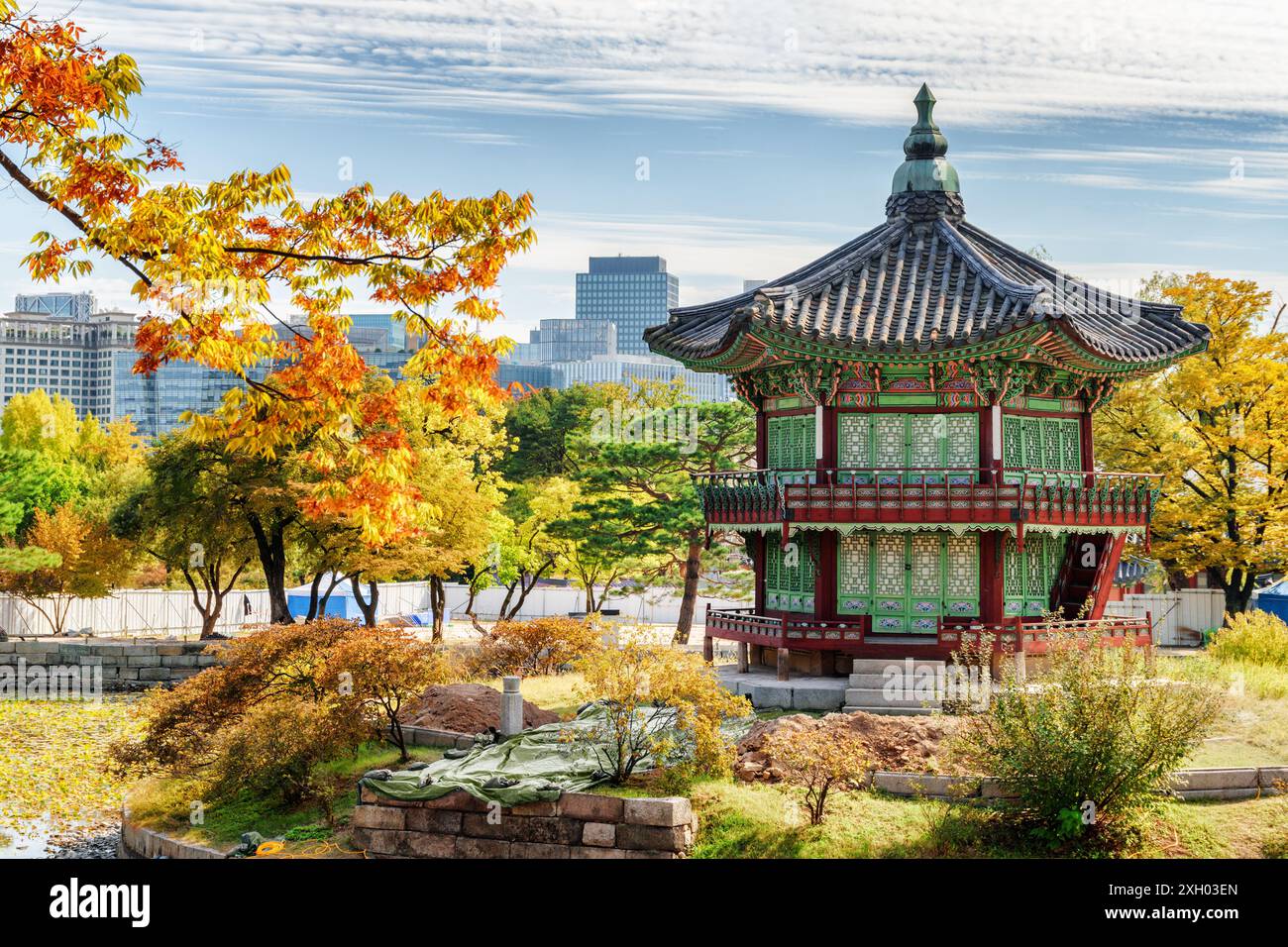 Autumn view of Hyangwonjeong Pavilion on an artificial island of lake ...