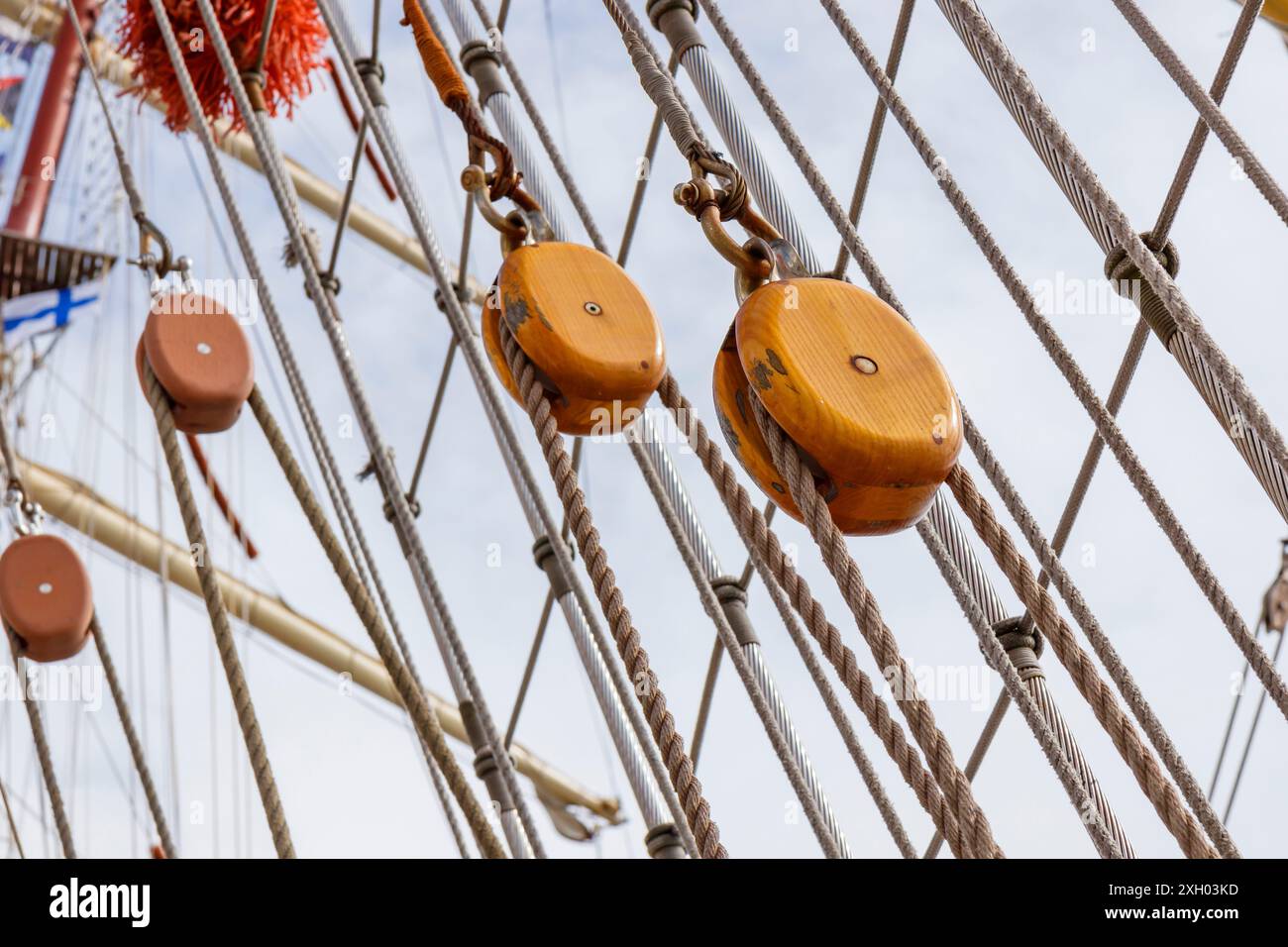 Sailing ship lines, pulleys and securing equipment tied down for the ...