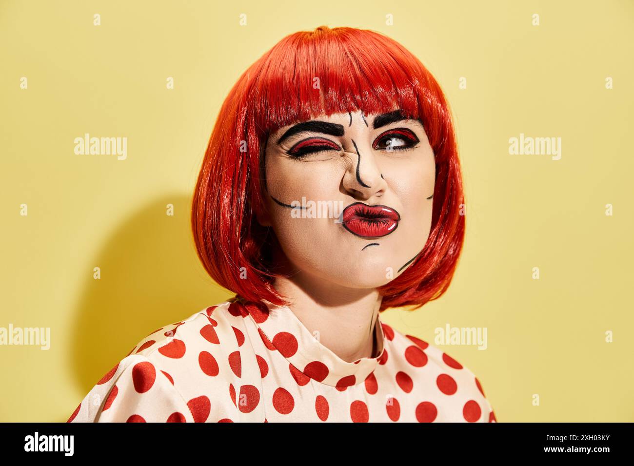 A close-up of a pretty redhead person with creative pop art makeup ...