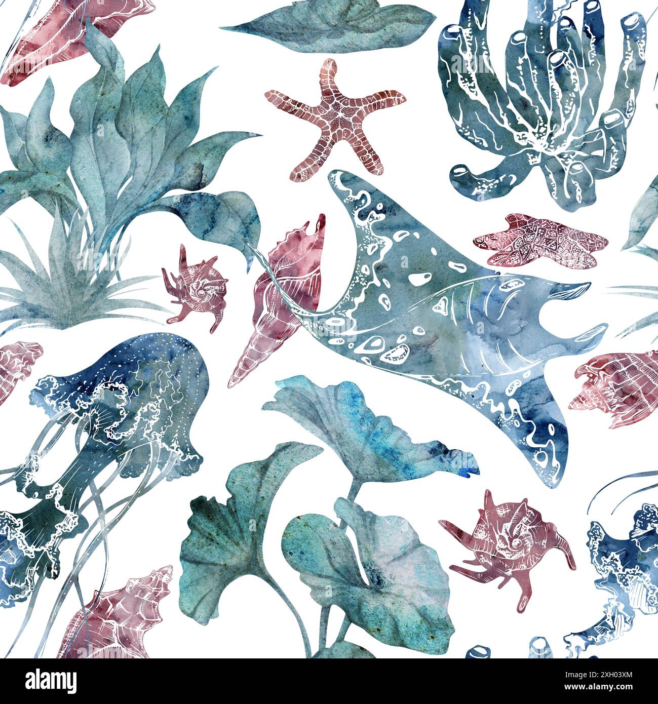 Watercolor and ink hand drawn marine life, sea ocean underwater ...