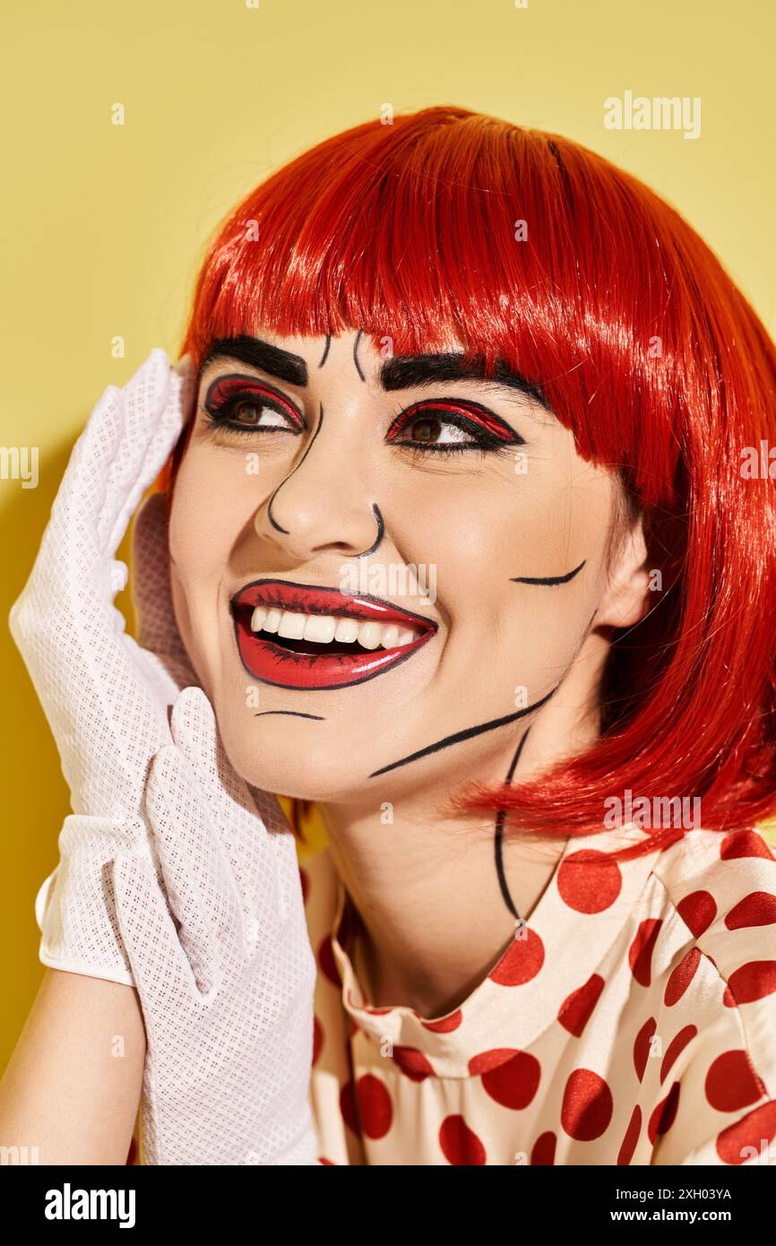 A vibrant red-haired woman wearing a polka dot dress and white gloves ...