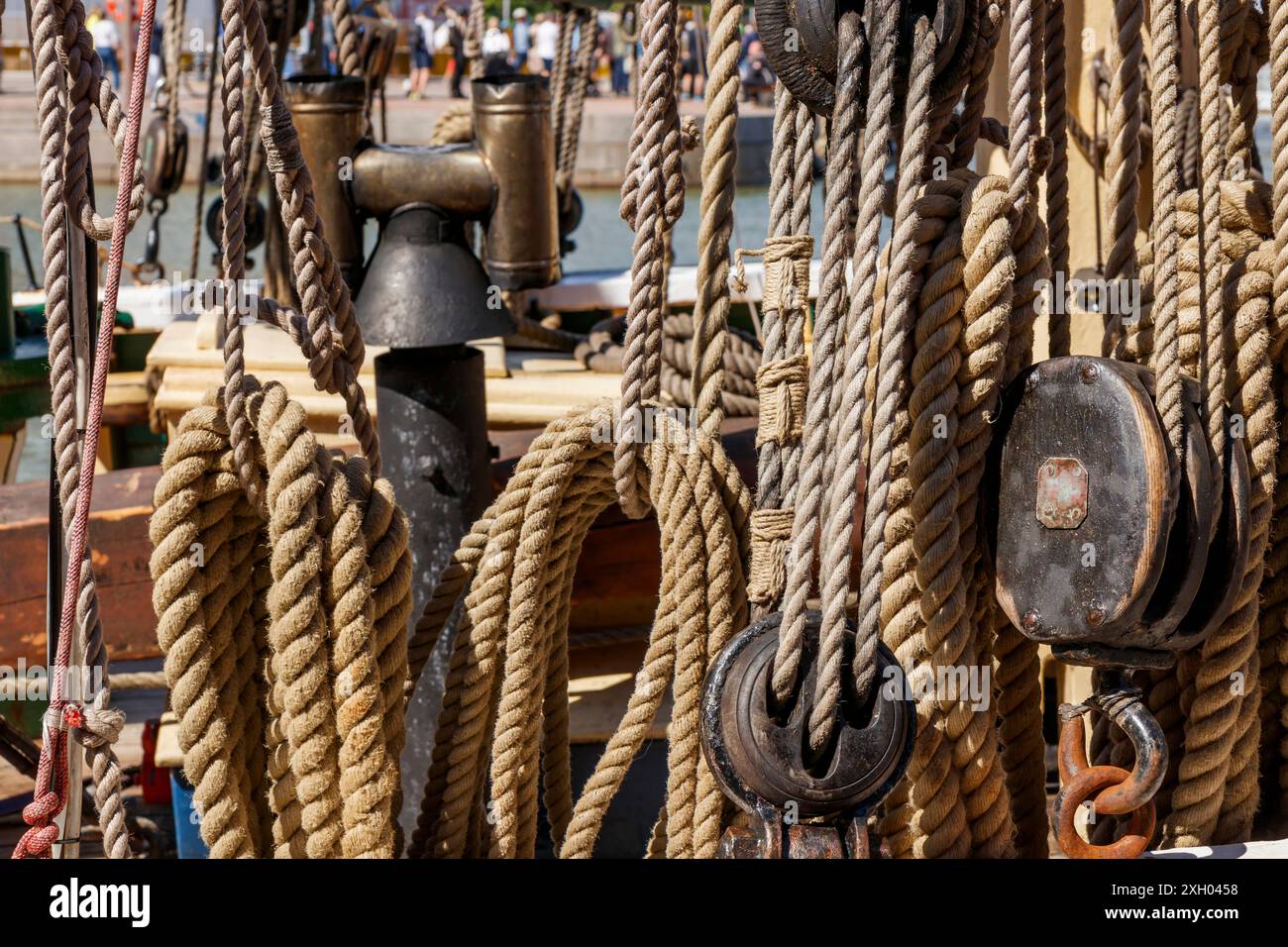 Sailing ship lines, pulleys and securing equipment tied down for the ...