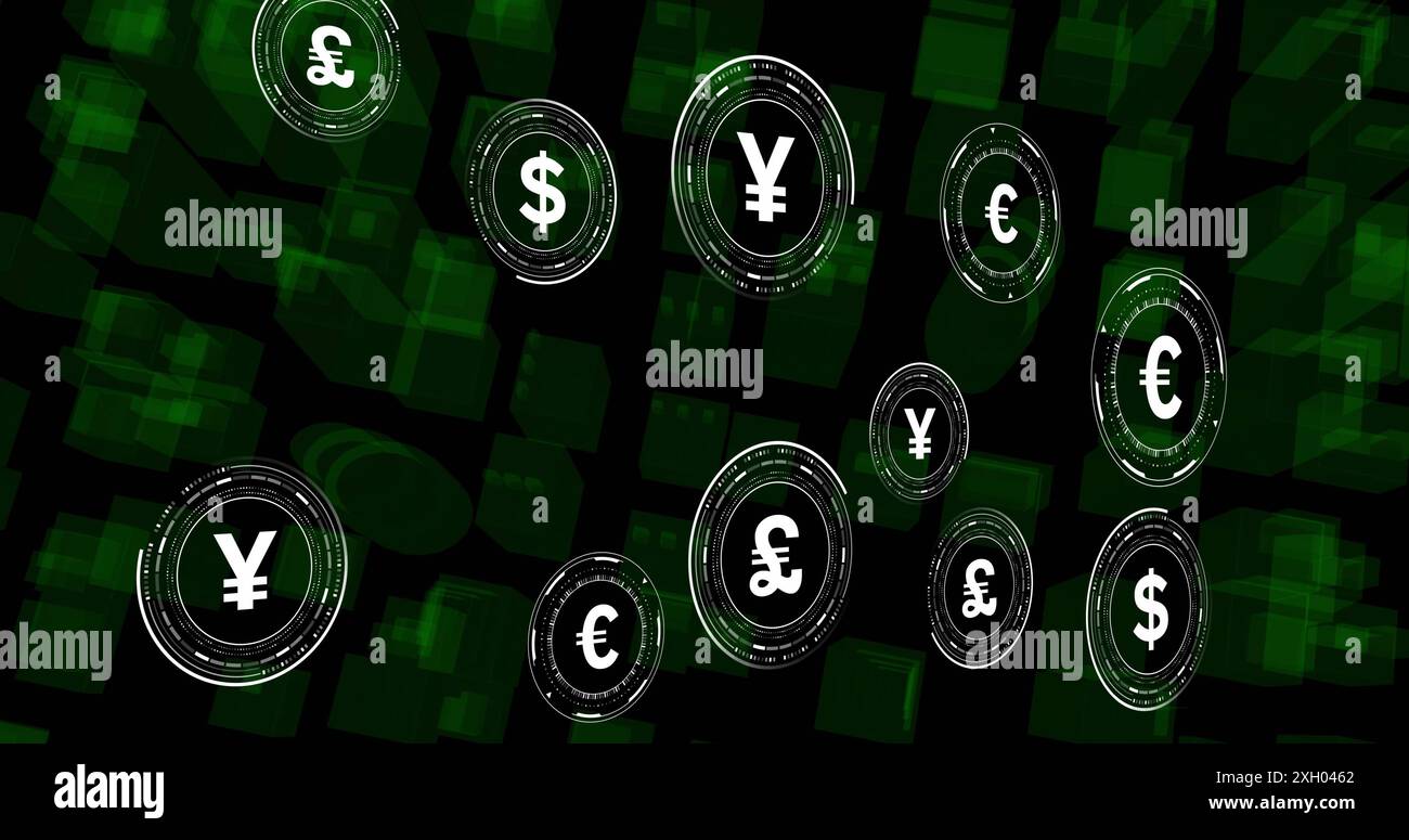 Image of currency symbols over digital city on black background ...