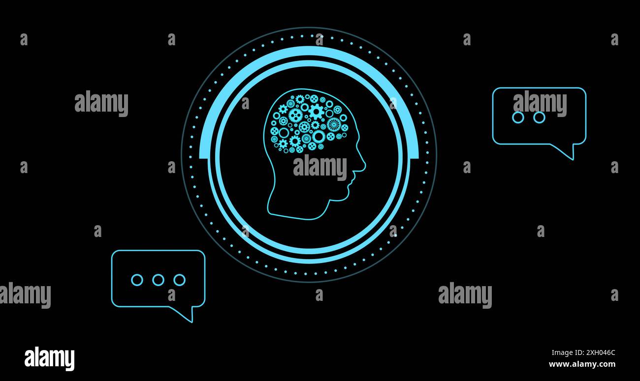 Image of human brain and ai data processing over black background. Global artificial ...