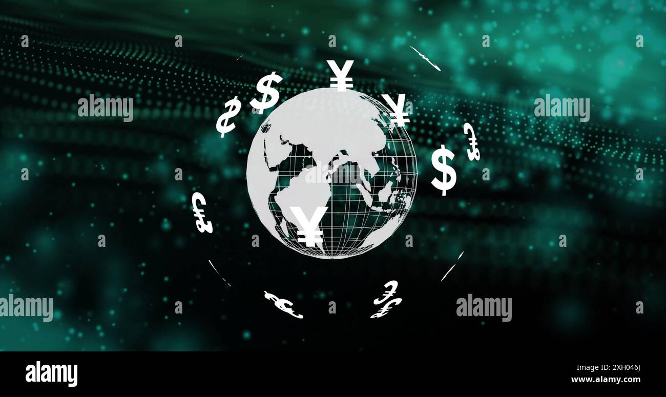 Image of globe with currency symbols over light spots on black ...