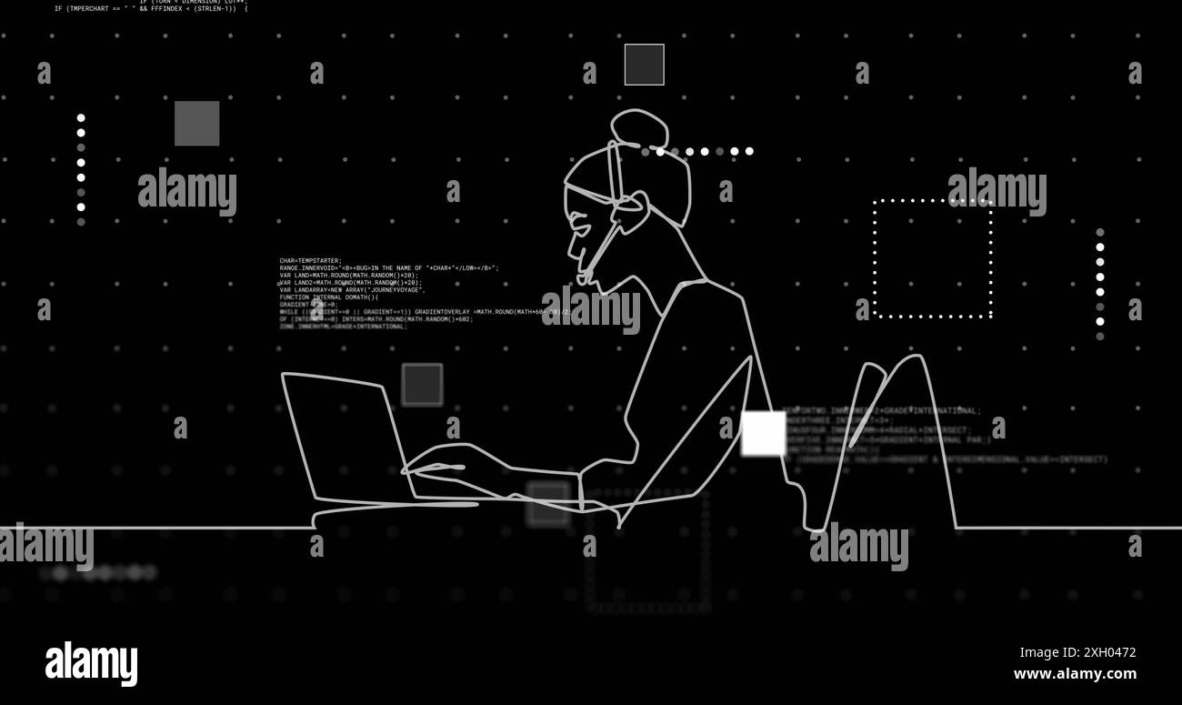 Image of outline of woman using computer data processing over black ...