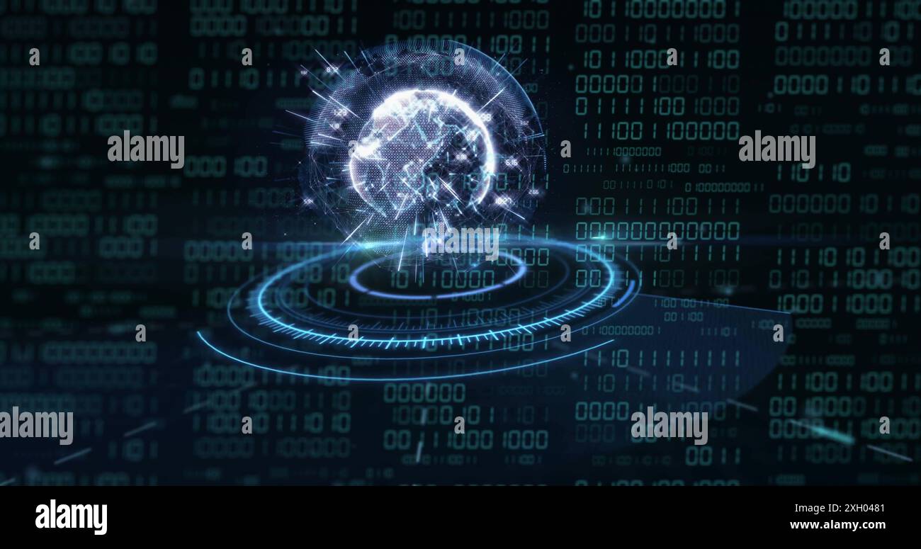 Image of globe with binary coding and data processing over dark background. Global artificial ...