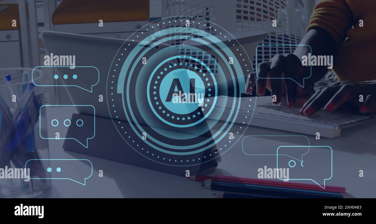 Image of ai data processing over african american woman typing on computer. Global artificial ...