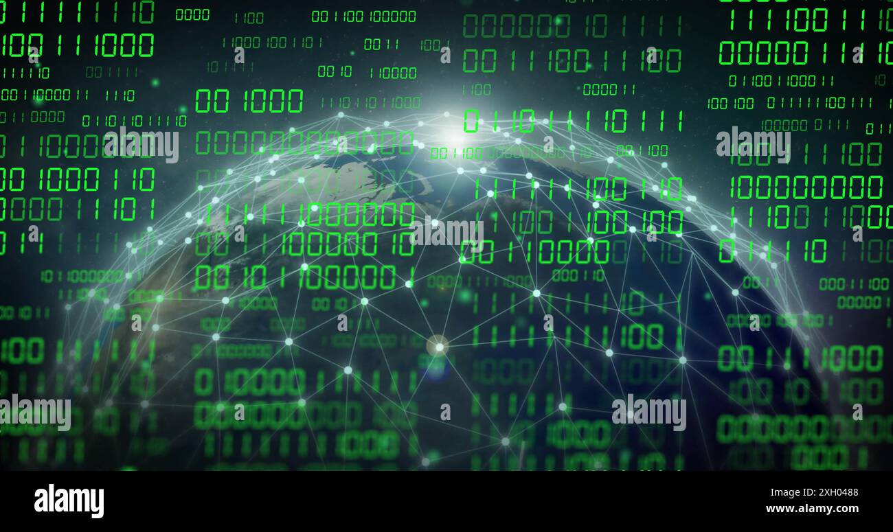 Image of globe with binary coding and data processing over dark background. Global artificial ...