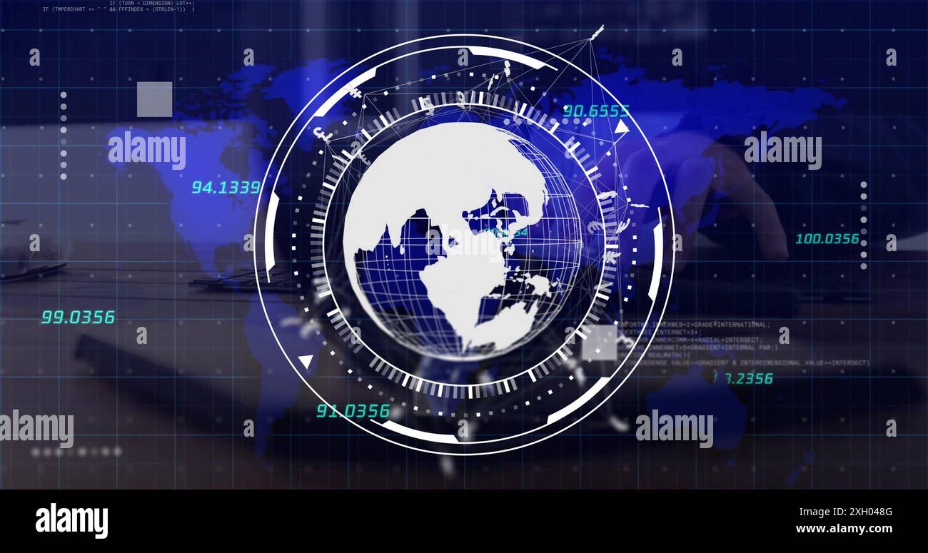 Image of globe with data processing over desk. Global artificial intelligence, connections ...