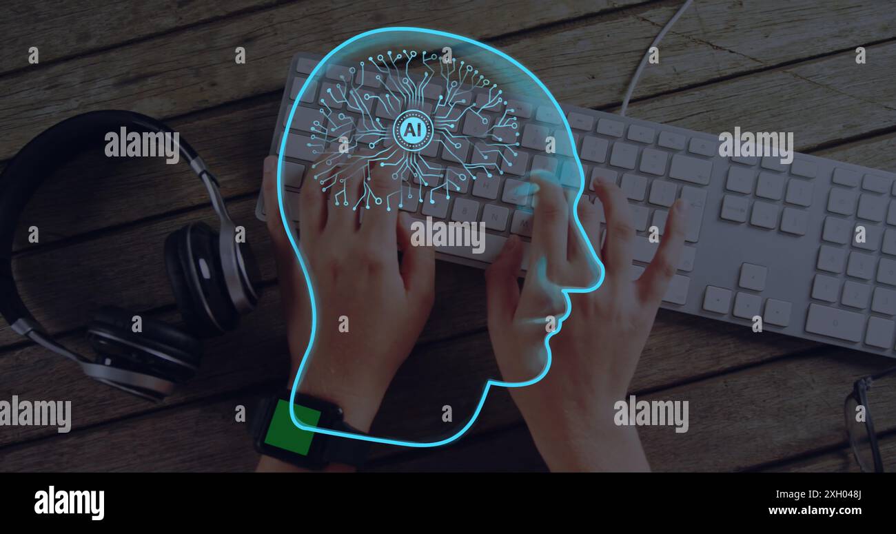 Image of ai brain and data processing over caucasian man typing on ...