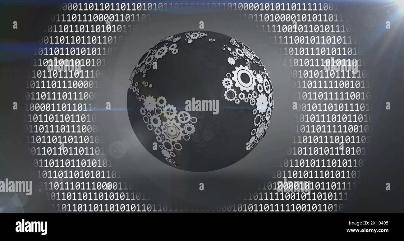 Image of globe with binary coding and data processing over dark ...