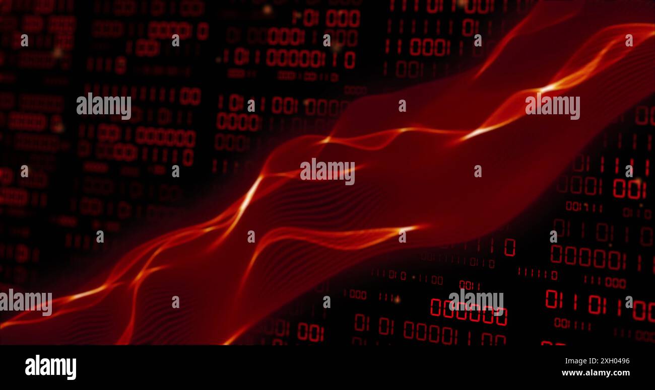 Image of red flowing data transfer and binary coding over black background. Global artificial ...